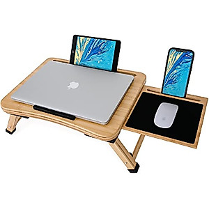 Foldable Laptop Bed Desk with Mouse Pad, Adjustable Folding Bamboo Tray Lap Stand Table for Work Breakfast College Students - Fits up to 17 Inch Laptops
