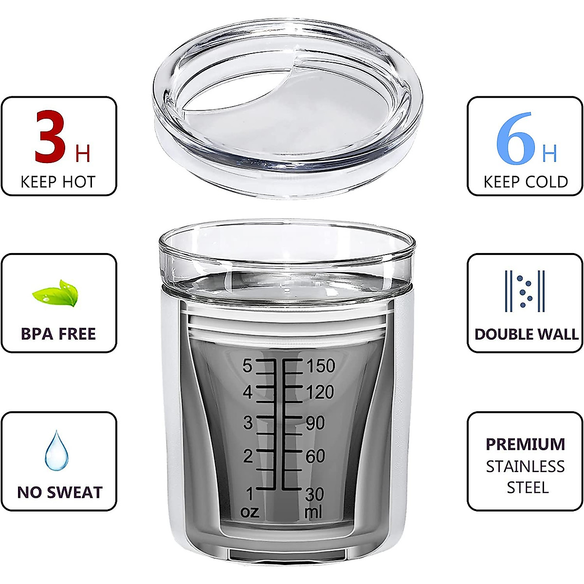 MAXSO Insulated Wine Tumbler with Glass Insert & Sip Lid - Cocktail Whisky Wine Bourbon Gift for Man Woman - 8.8 oz Vacuum Stainless Cup with Stemless Wine Glass Keeps Cold & Hot (White)