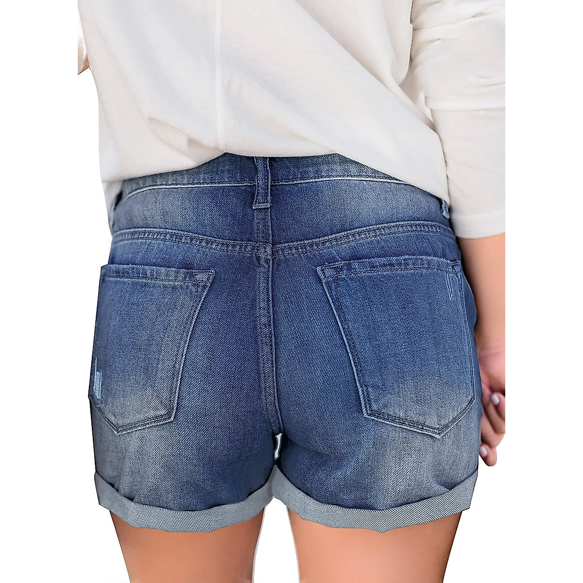 LookbookStore Jean Shorts for Women Summer Ripped Denim Shorts Women Stretchy Jean Shorts 2024 Women High Waist Ripped Folded Hem Distressed Denim Jean Shorts Pants Navy Peony Size L Size 12 Size 14