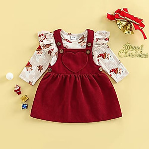 Nicoxijia Newborn Baby Girl Christmas Outfit Long Sleeve Romper Bodysuit Elk Plaid Suspender Skirt Overall Headband 3Pcs Set (B4-Red Romper+Corduroy Skirt 2PCS, 12-18 Months)