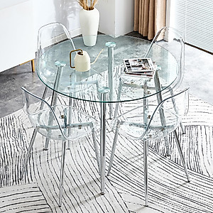 Deolme Modern Dining Table Set, Round Glass Table and 4 Clear Acrylic Chairs, Sturdy Chrome Legs, Easy to Clean, for Kitchen and Living Room