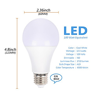 XINNUOFEI A19 LED Light Bulbs 6500K Cool White 12.3Watt Standard E26 Medium Screw Base 1710 Lumens 100 Watt Equivalent LED Bulbs Non-Dimmable No Flicker Pack of 6 Cool White