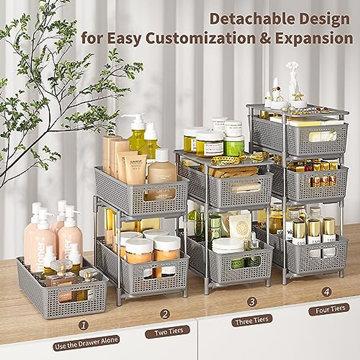 LIWAKA 2 Pcs 4 Tier Bathroom Cabinet Organizer,Pull Out Storage Organizer Under Sink Organizers with Dividers,Medicine Pantry Organization and Storage,Grey