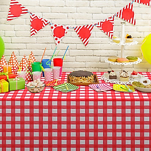 12 Pack Red and White Plastic Checkered Tablecloth, Premium Decorative Disposable Red Gingham Plaid Table Cloths for Parties, Rectangle Party Table Cover for Picnic Farm Birthday Wedding, 54x108 Inch