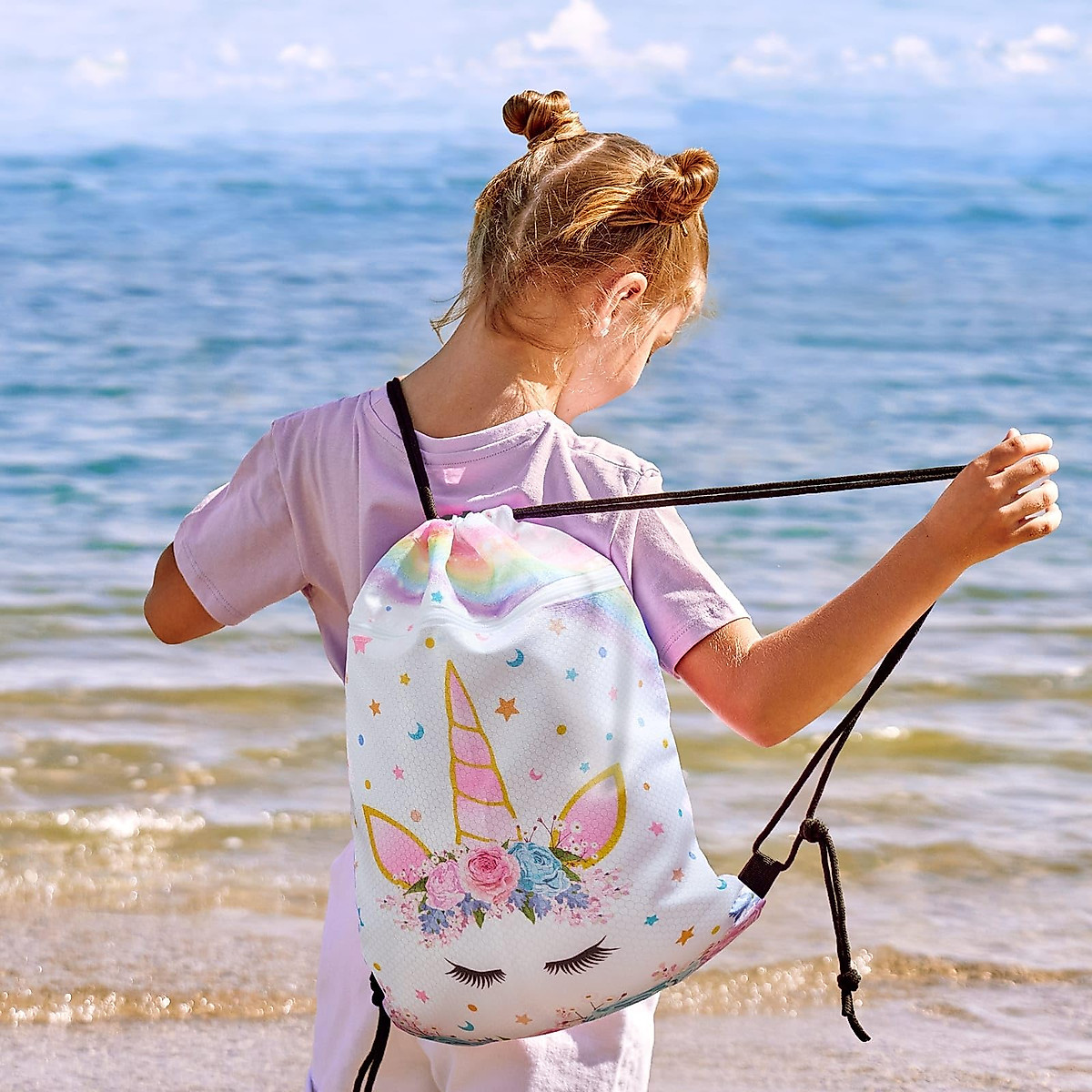 WAWSAM Rainbow Kids Drawstring Backpack - 13" x 18" Sports Gym Bag for Girls Waterproof Beach Swimming Travel Sackpack Birthday Christmas Gift with Zippered Pocket