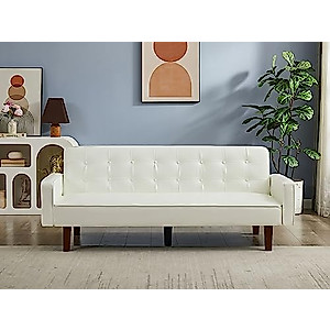 Lunanniu Vegan Leather Sofa Bed Sleeper Couch 74.4 Inch Convertible Loveseat Size for Small Space 3 Seater Chesterfield Button Tufted for Office Apartment Dorm Living Room White