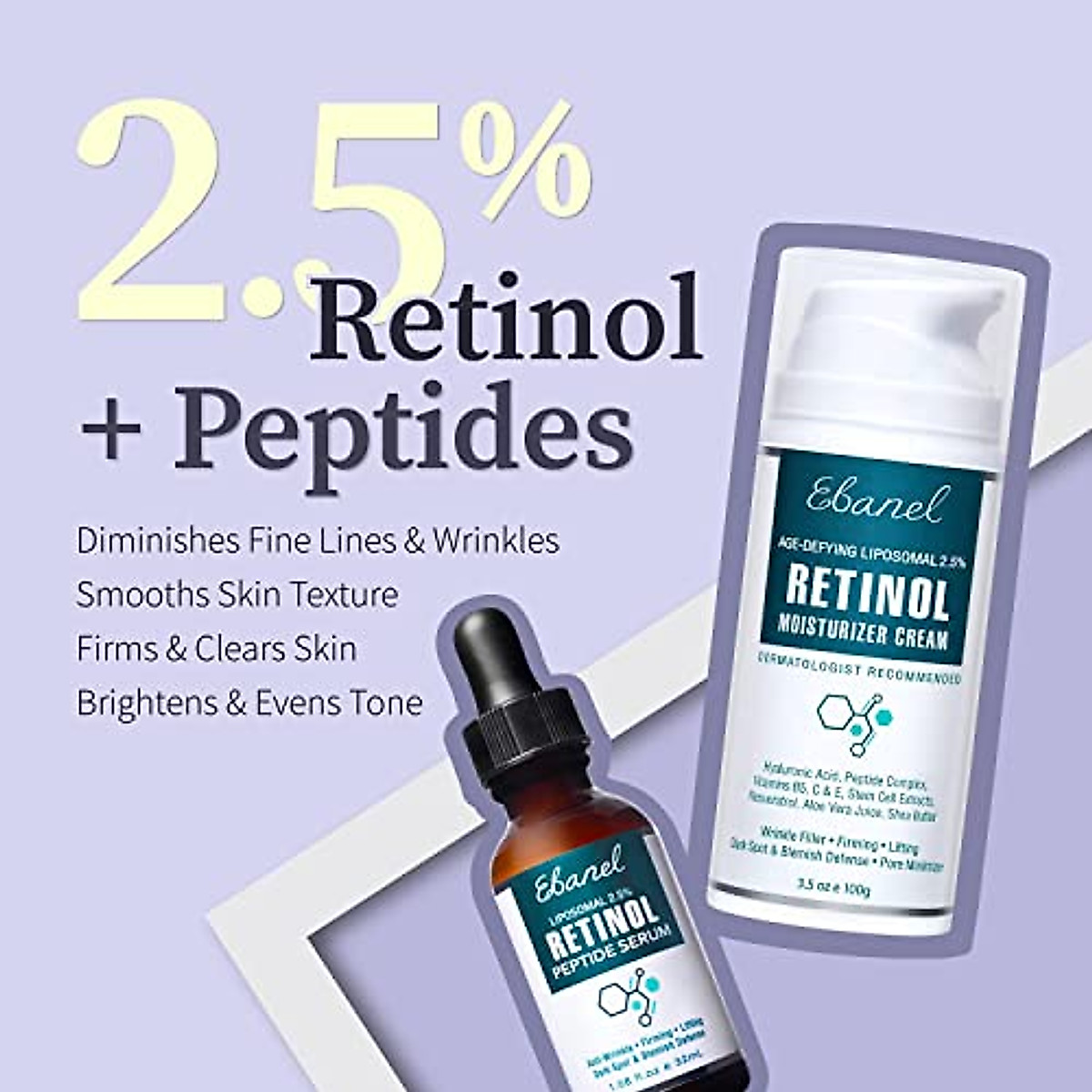 Ebanel 2.5% Retinol Cream for Face Moisturizer with Peptide, Hyaluronic Acid, Anti Aging Wrinkle Night Cream, Skin Tightening Firming Cream for Face and Neck, Minimizes Dark Spot, Age Spot, Acne Scar