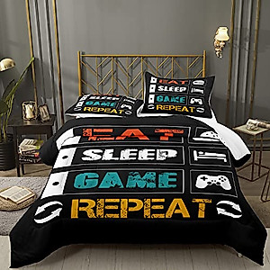 Bodhi Gaming Comforter Set Full,Gamer Bedding Sets for Boys Kids, Eat Sleep Game Repeat Design Comforter Set,3 Pieces Microfiber Game Bed Set (1 Gamer Comforter +2Pillowcases)