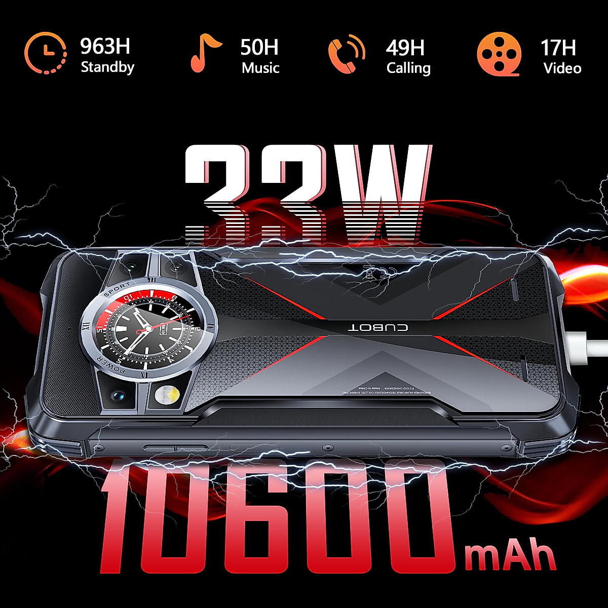 CUBOT Kingkong 9 Outdoor Rugged Phone Unlocked - 24GB RAM+256GB ROM Smartphone,100MP+32MP+24MP Night Vision Camera,10600mAh Large Battery, 6.58 Inch FHD+ Display, IP68 Waterproof Mobile Phones Black