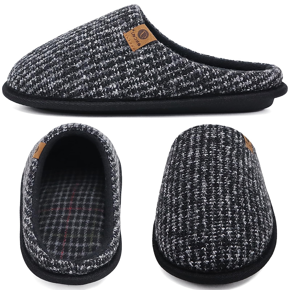 ONCAI Mens Black Knit Stripes Cozy Memory Foam scuff Slippers Slip On Warm House Shoes Indoor/Outdoor With Best Arch Surpport Size 11