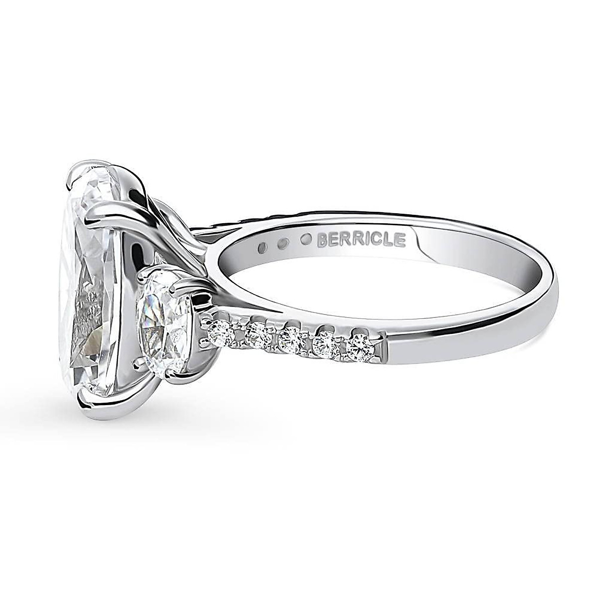 BERRICLE Sterling Silver 3-Stone Wedding Engagement Rings Oval Cut Cubic Zirconia CZ Statement Cocktail Anniversary Ring for Women, Rhodium Plated Size 8
