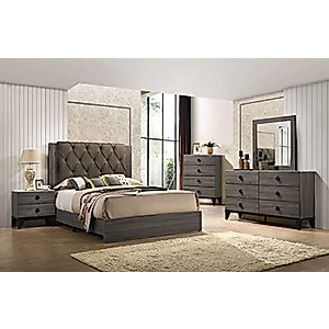Epinki Queen Bed, Fabric & Rustic Gray Oak, Wood, Bed Frame, Easy Assembly