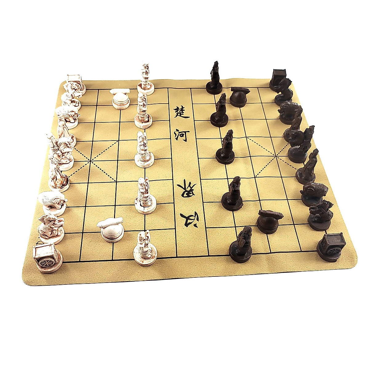 Traditional Chinese Xiangqi Portable Chess Set,Travel Board Game Set with Resin Chess Pieces and Leather Chessboard