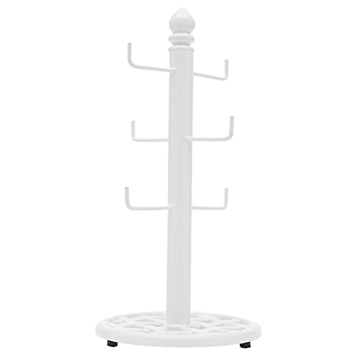 Home Basics Weave 6 Hook Cast Iron Mug Tree, White | Round Base | Rubber Feet | Strong Branches to Hold Mugs