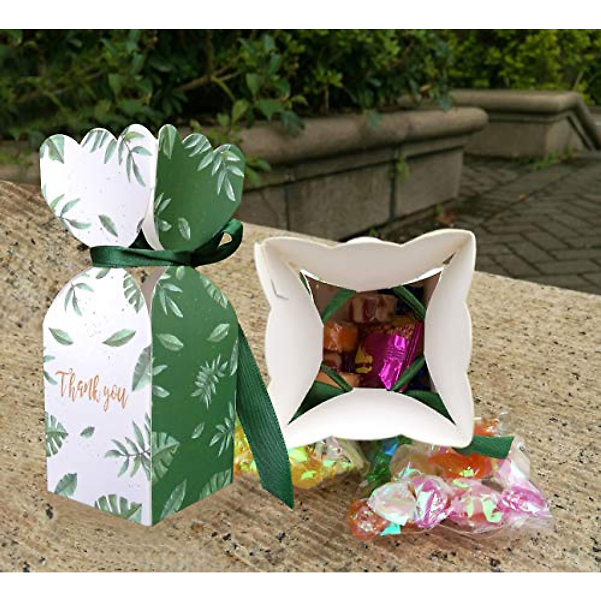 Lontenrea 50 Pcs Candy Boxes Wedding Birthday Party Favor Gift Box with 50pcs Black Green Ribbon Decoration