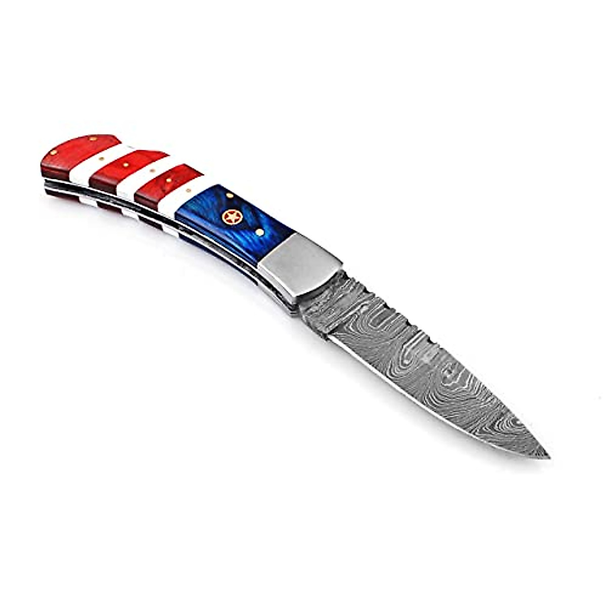 SagaCity Damascus Pocket Knife, 7.4” Inches American Flag Damascus Folding Knife, Damascus Knife, Custom Pocket Knife for Men, Sharp Pocket Knife with Real Leather Sheath; 501