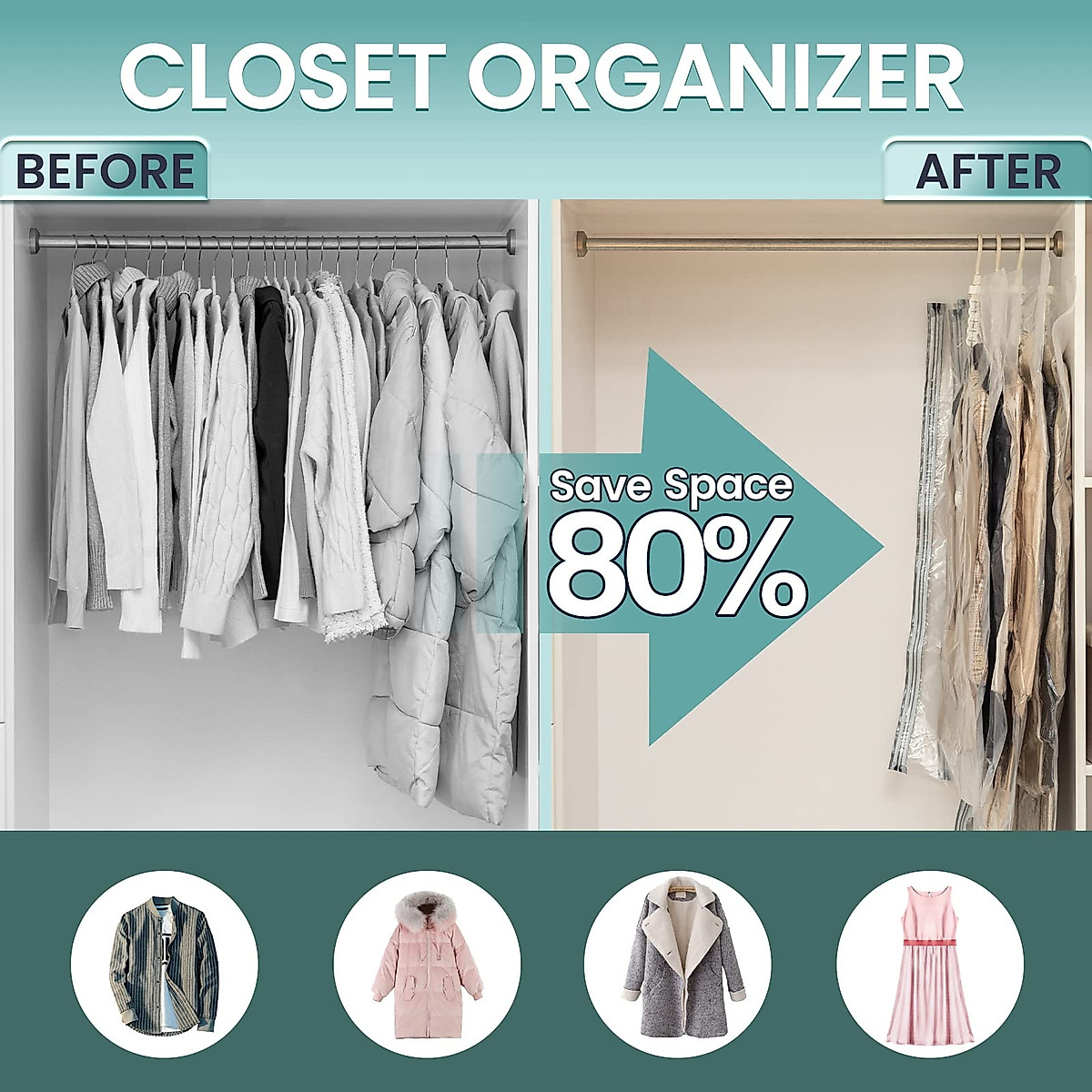 Napzzzz Hanging Vacuum Storage Bags, Space Saver Bags for Clothes, Set of 4 (2 Long, 2 Short), Premium Space Saver Vacuum Storage Bags for Clothing, Suits and Coats, Clothes Compression Storage Bags