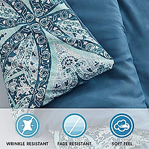 Comfort Spaces Bed in A Bag - Trendy Casual Design Cozy Comforter with Complete Sheet Set with Side Pocket, All Season Cover, Matching Shams, Full(80"x90"), Gloria, Damask Blue 9 Piece