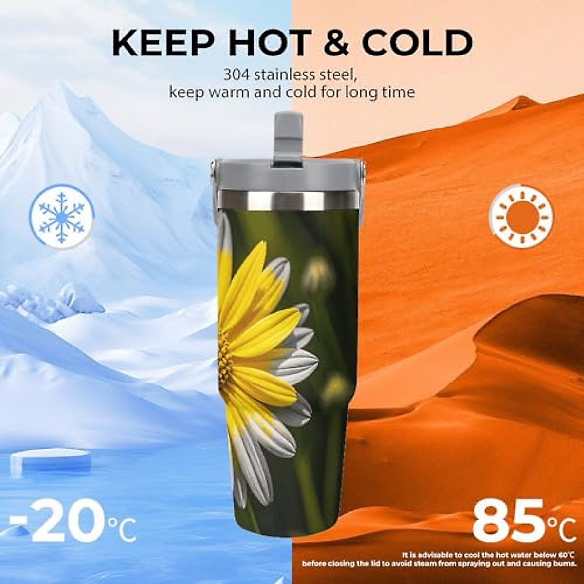 WITHSBKK 30oz Car Cup Yellow Gray Flower Printed with Portable, Stainless Steel Travel Mug, Vacuum Insulated Tumbler And Straw, Leakproof for Car & Outdoor, UV Printed Design