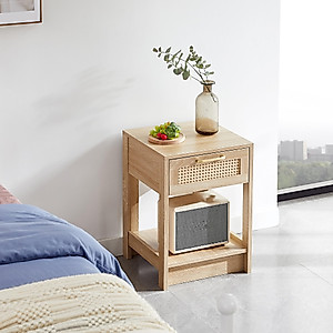 LKJYBG 15.75" Rattan Night Stands with Drawer Bedside End Table for Small Space (15.75 "L x 15.75 "W x 21.65 "H) Natural One Size
