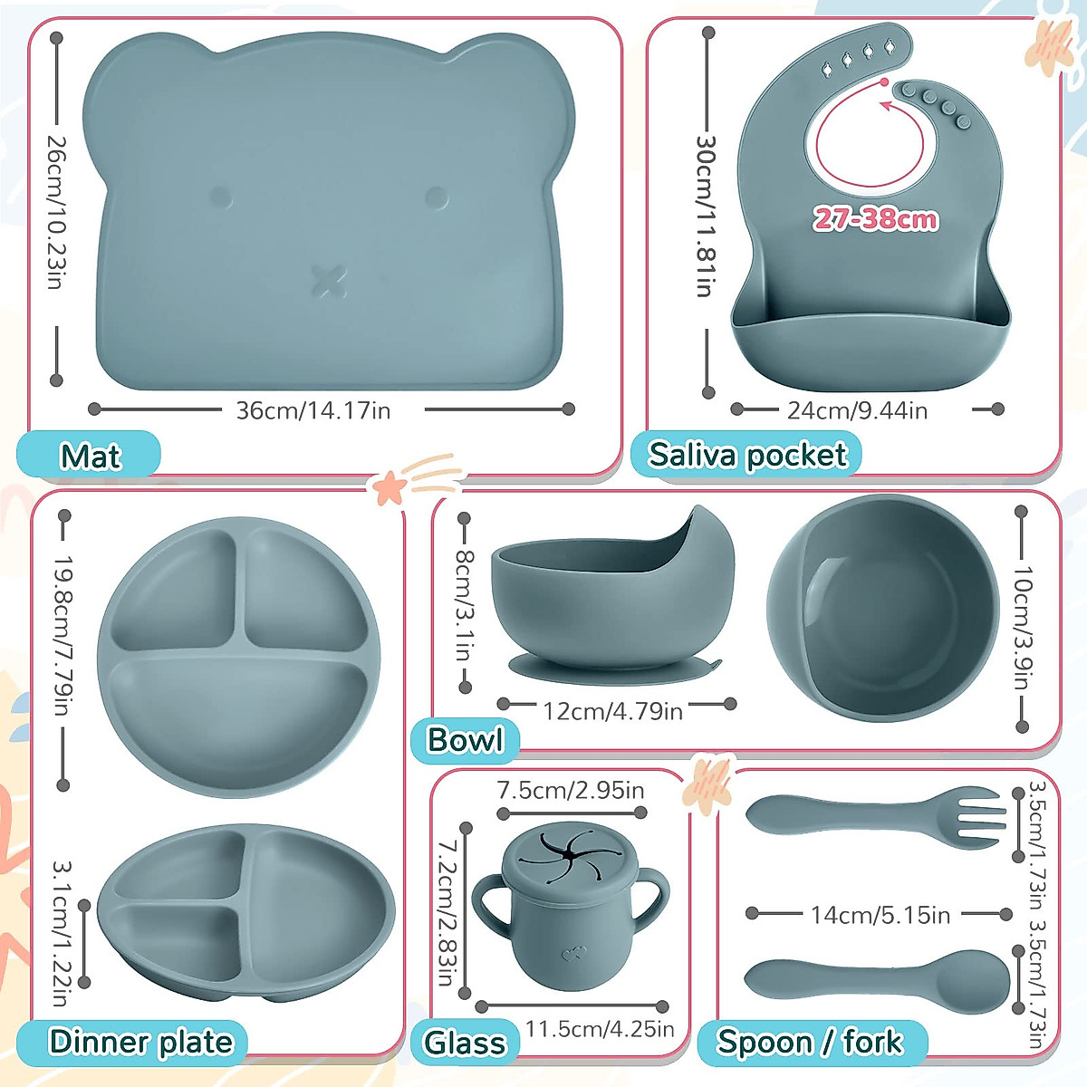 8 Pack Baby Feeding Eating Supplies Silicone Suction Divided Plate Baby Bibs Suction Bowl Silicone Placemat Silicone Spoon and Fork Silicone Cup with Straw Baby Tableware Set for Toddler (Dusty Blue)
