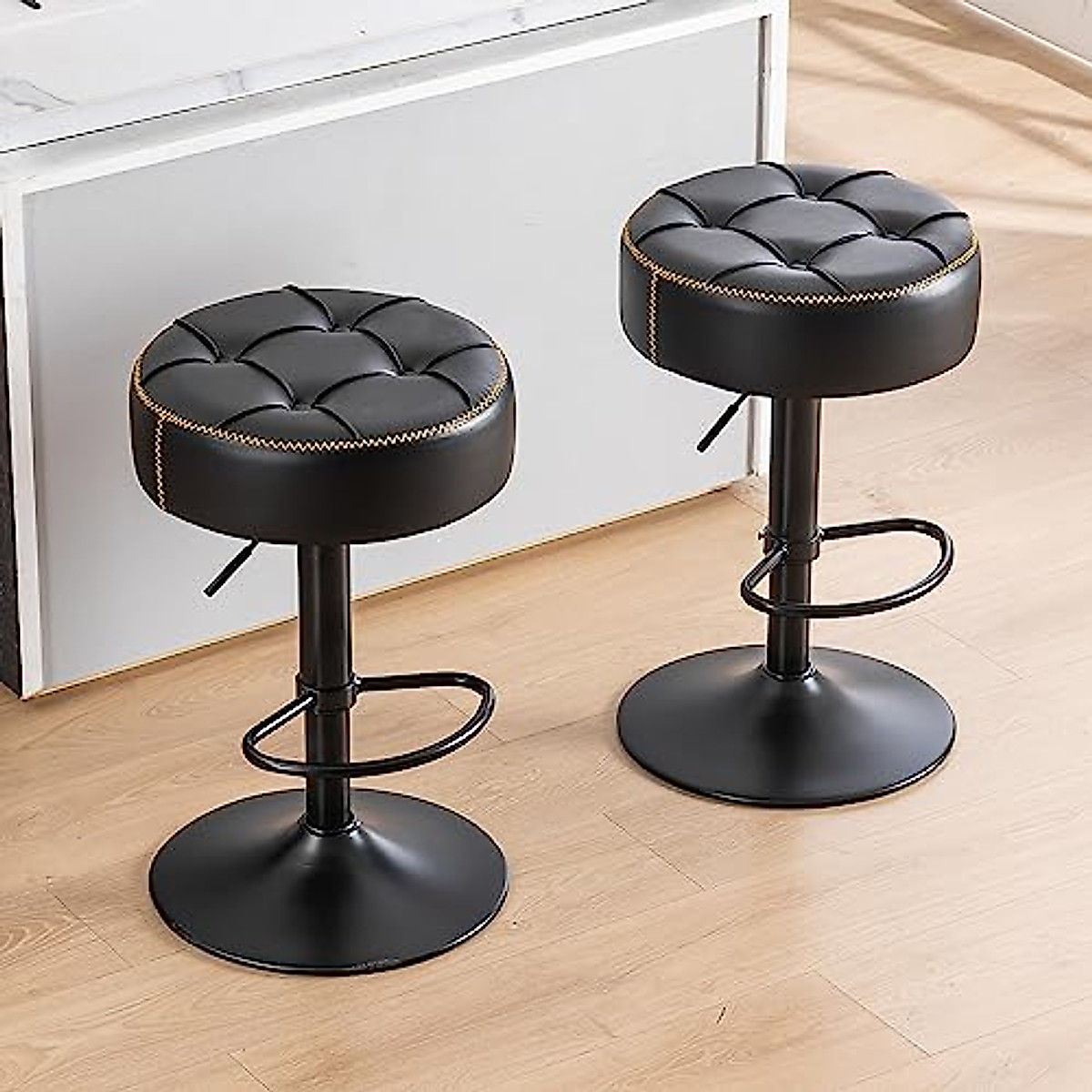 Purgreen Modern Adjustable Height Swivel Circular Bar Stools,360°Counter Height Swivel Chair,Comfortable Faux Leather Seat,Ideal for Home Kitchen Island Living Room and Bar Space