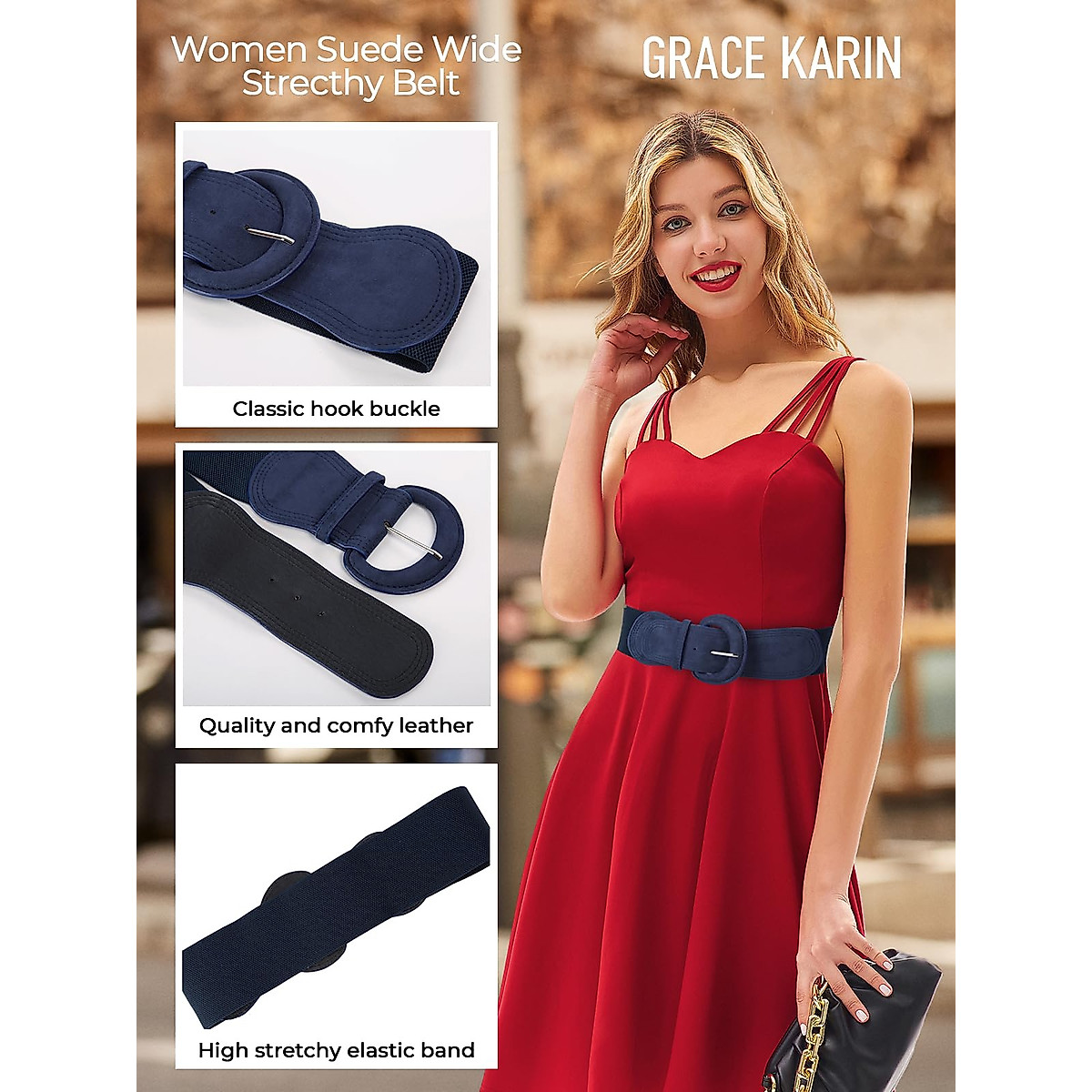 GRACE KARIN Women Wide Elastic Waist Belts Stretchy Suede Dress Belt Ladies Cinch Waistband Navy L