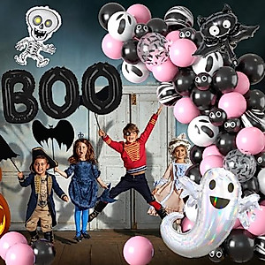 Halloween Balloon Garland Kit, GREMAG Halloween Decorations with Black Macaron Pink Agate Black Eyes Ghost Balloon, BOO Bat Skull Ghost Aluminum Film Balloon, 88 Pcs Set Halloween Party Favors for Kid