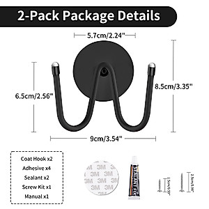 TONLEA 2 Pack Coat Hooks for Wall, Stainless Steel Coat Rack Wall Mount for Hanging Coat, Scarf, Hat, Key (Black)