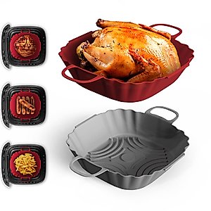 Permanent Warranty 8 Inch Silicone Air Fryer Liner 2 Pack Reusable 100% Food Grade Silicone Air Fryer Liner (Red/Gray)
