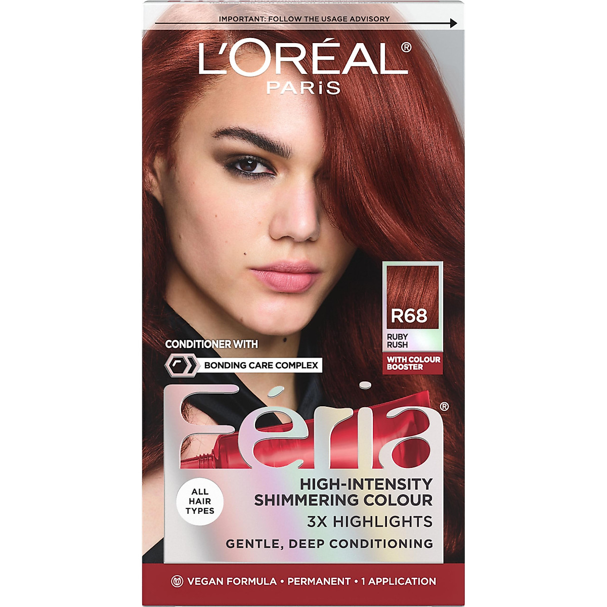 L'Oreal Paris Feria Multi-Faceted Shimmering Permanent Hair Color, R68 Ruby Rush (Rich Auburn True Red), Pack of 1, Hair Dye