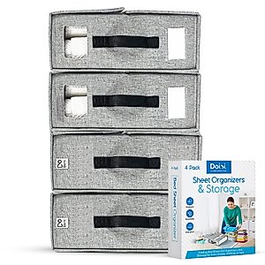 Premium 4 Pack Sheet Organizers and Storage - Compact Bed Sheet Organizer for Queen/King Size - Space-Saving Bed Sheet Organizers for Long-Lasting Use - Ideal Sheet Storage for Bedding & Clothes
