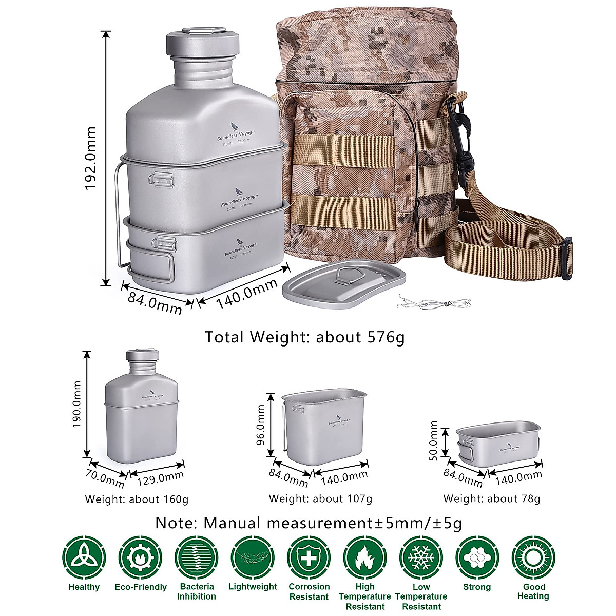 Boundless Voyage Titanium Military Canteen Cups Set Outdoor Camping Hiking Water Bottle Bowl Cooking Set Mess Kit (Ti15158B (Canteen+2cups set))