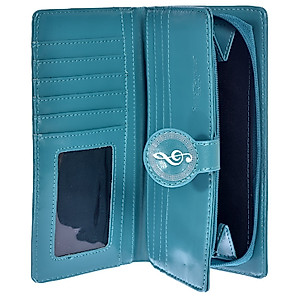 Shag Wear Women's Vegan Leather Slim Trendy Clutch Wallet with 11 Credit Card Slots, Clear ID Window and Zipper Coin Pocket, Piano Symphony Teal