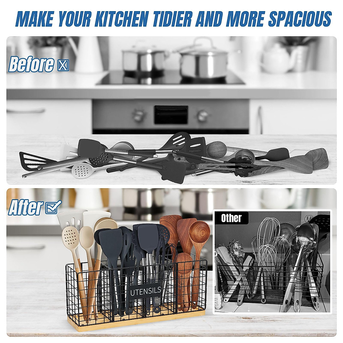 WellSign Kitchen Utensil Holder for Countertop with 4 Compartments, Black Metal Large Cooking Utensil Holder with Bamboo Base, Farmhouse Utensil Organizer for Kitchen Counter or Wall Mounted Storage