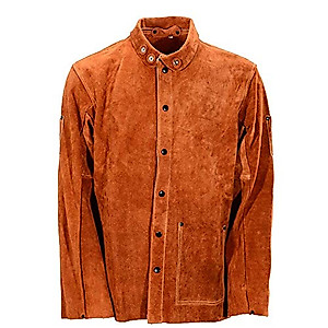 QeeLink Leather Welding Work Jacket with Hood Flame-Resistant Heavy Duty Split Cowhide Leather Welder Jackets with Hood for Men & Women, Large