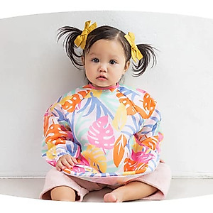 Tiny Twinkle Mess Proof Baby Bib, Cute Full Sleeve Bib Outfit, Waterproof Bibs for Toddlers, Machine Washable, Tug Proof Closure, Baby Smock for Eating, Long Sleeved (Pink Palm, Large 2-4 Years)