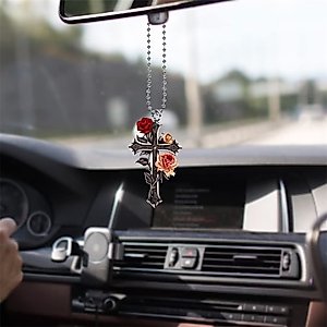 Rose and Cross Car Ornament Rearview Mirror Pendant Ornament for Car 8.5cm Hanging Ornament Car Accesory Decor
