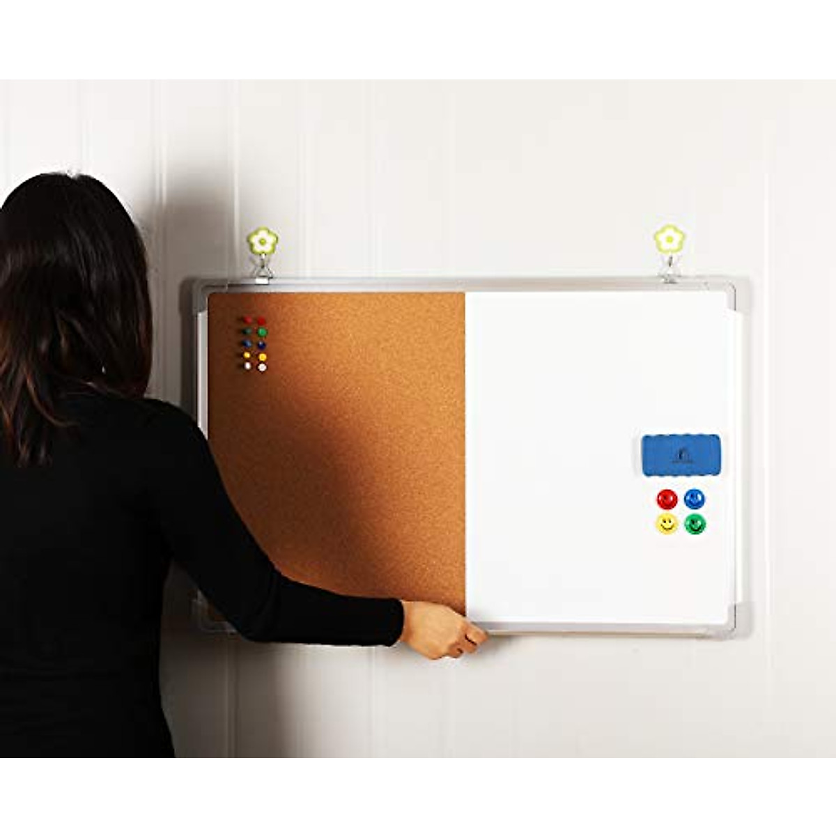 Combination Whiteboard Bulletin Board Set - Dry Erase/Cork Board 30 x 20" with 1 Magnetic Dry Eraser, 4 Markers, 4 Magnets and 10 Pins - Big Combo Tack White Board for Home Office Cubicle Desk