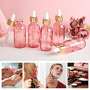 KURTOTEP 24 Pack 2 oz Glass Dropper Bottle with Top Cap Pink Tincture Bottles, 2 Plastic Eye Droppers Measured Pipettes, Essential Oil Bottles Perfume Cosmetic Travel Liquid Containers (pink, 24)
