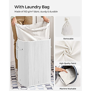 SONGMICS Foldable Laundry Hamper with Lid, 19 Gal. Bamboo Laundry Basket, Rectangular Storage Hamper with 3 Handles, 15.7 x 11.8 x 23.6 Inches, for Laundry Room, Bedroom, White ULCB010W01