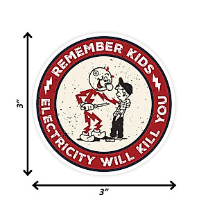 Remember Kids Electricity Will Kill You Sticker - Hard Hat Stickers, Reddy Kilowatt Warning Stickers; Set of 5 - Ideal for Electrician's Hard Hat, Laptop, Water Bottle, Car, and Helmet
