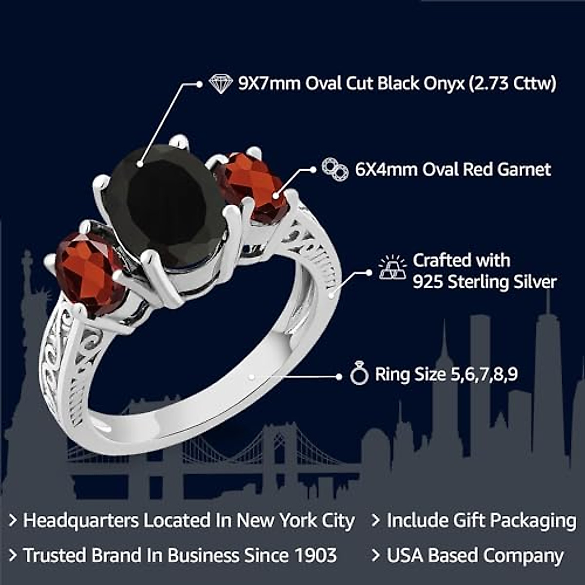 Gem Stone King 925 Sterling Silver Black Onyx and Red Garnet 3 Stone Ring For Women (2.73 Cttw, Gemstone Birthstone, Available In Size 5, 6, 7, 8, 9)