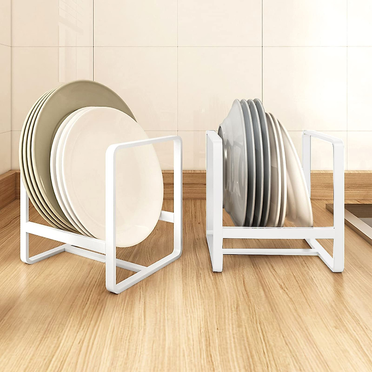 ZOOFOX 3 Pack Plate Holder Organizer, Upright Metal Dish Storage Stand, Dying Display Rack for Kitchen Cabinet, Counter and Cupboard ( Small and Large, White )