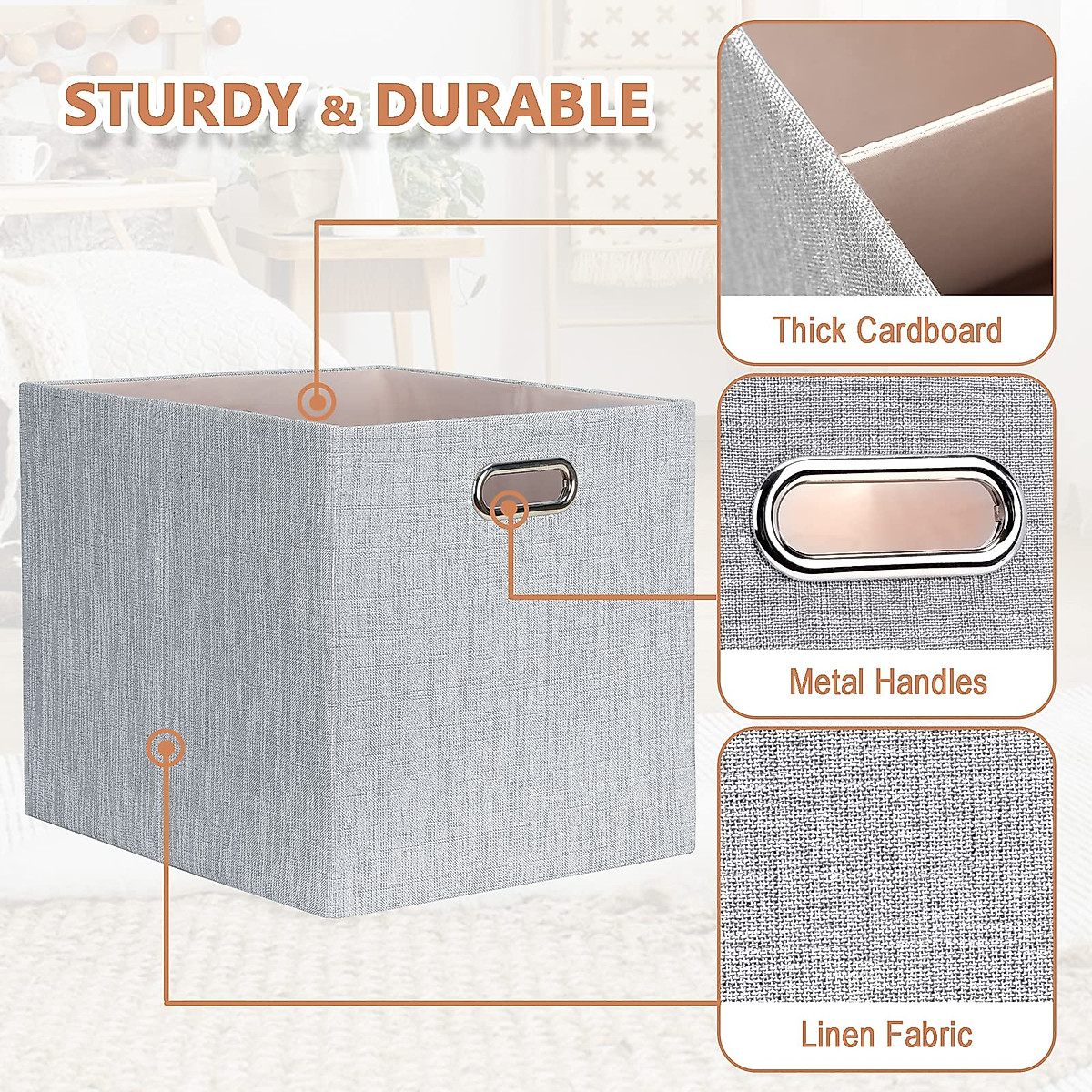 Posprica 13x15x13in Collapsible Storage Bins, Fabric Foldable Cube Storage Boxes, Decorative Storage Baskets Organizer for IKEA Kallax, Shelves, Closet, Clothes, Toy, Set of 4-Grey