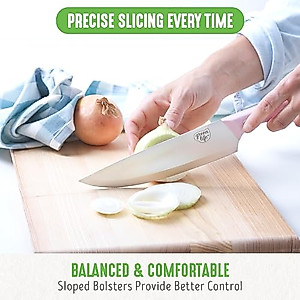 GreenLife High Carbon Stainless Steel 13 Piece Wood Knife Block Set with Chef Steak Knives and more, Comfort Grip Handles, Triple Rivet Cutlery, Soft Pink