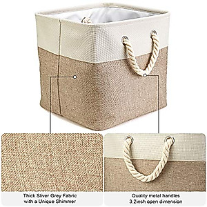 i BKGOO Cube Storage Bins，Foldable Canvas Storage Basket,3-Pack Collapsible Sturdy Fabric Organizing Basket with Cotton Handles for Home Office Shelf Clothes White-Khaki 13×13×13 inch