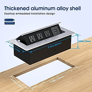 KYHSHJ Connection Box Desktop Pop Up Outlet with 2 USB Ports & 3 Outlets (Silver)