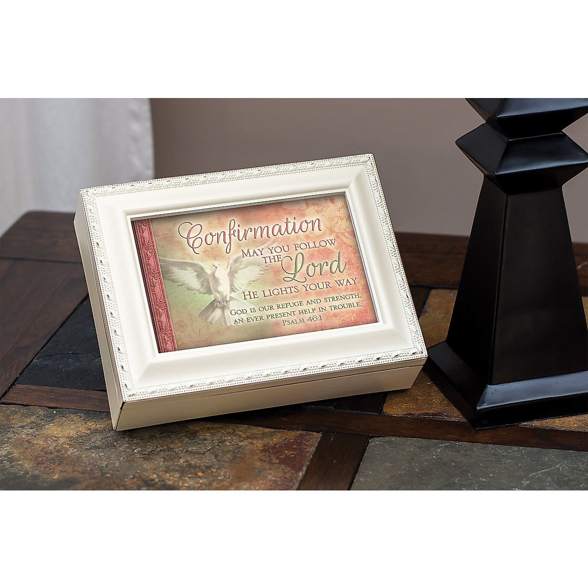 Confirmation May You Follow the Lord Ivory Rope Trim Jewelry Music Box Plays Ave Maria