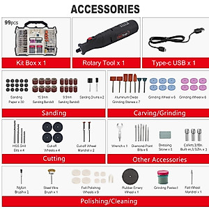 Werktough 8V Cordless Rotary Tool Kit with Deluxe 99pcs Accessories Mini Grinder with 2.0A 8V Battery 5 Speed 4 Front LED Light High Speed Low Vibration